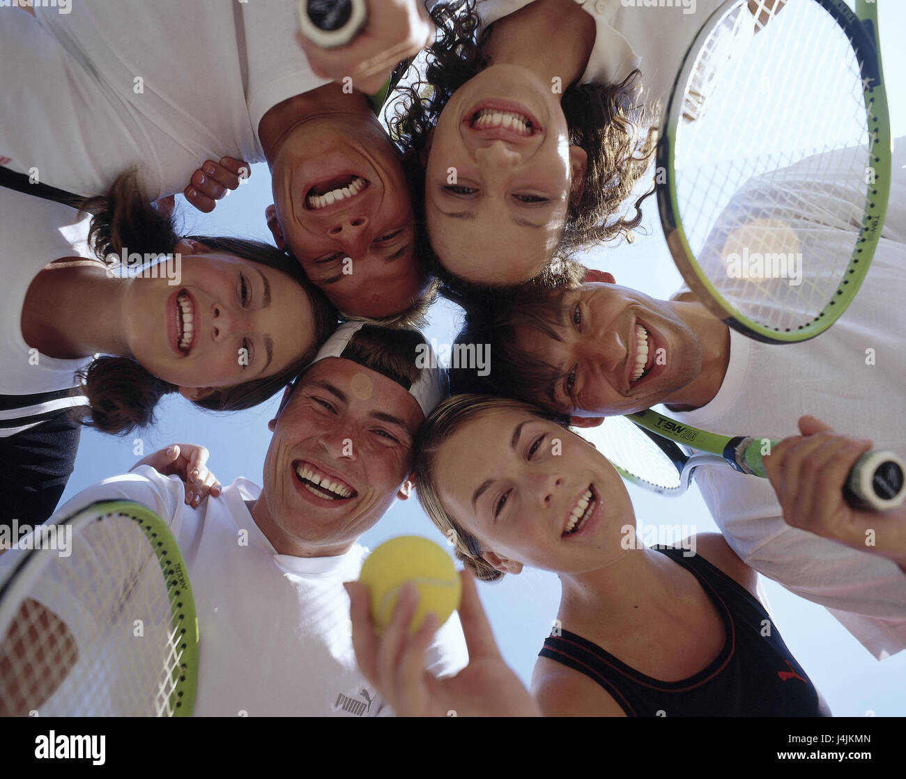 Group picture, people, young, view, camera, from below, tennis racquet ...