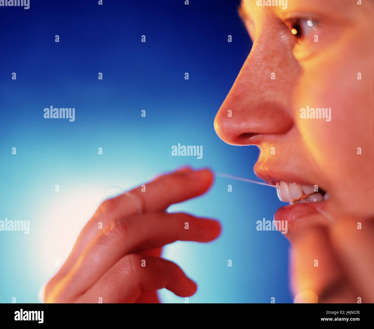 Woman, detail, dental floss, cogs, clean oral hygiene, cog square ...