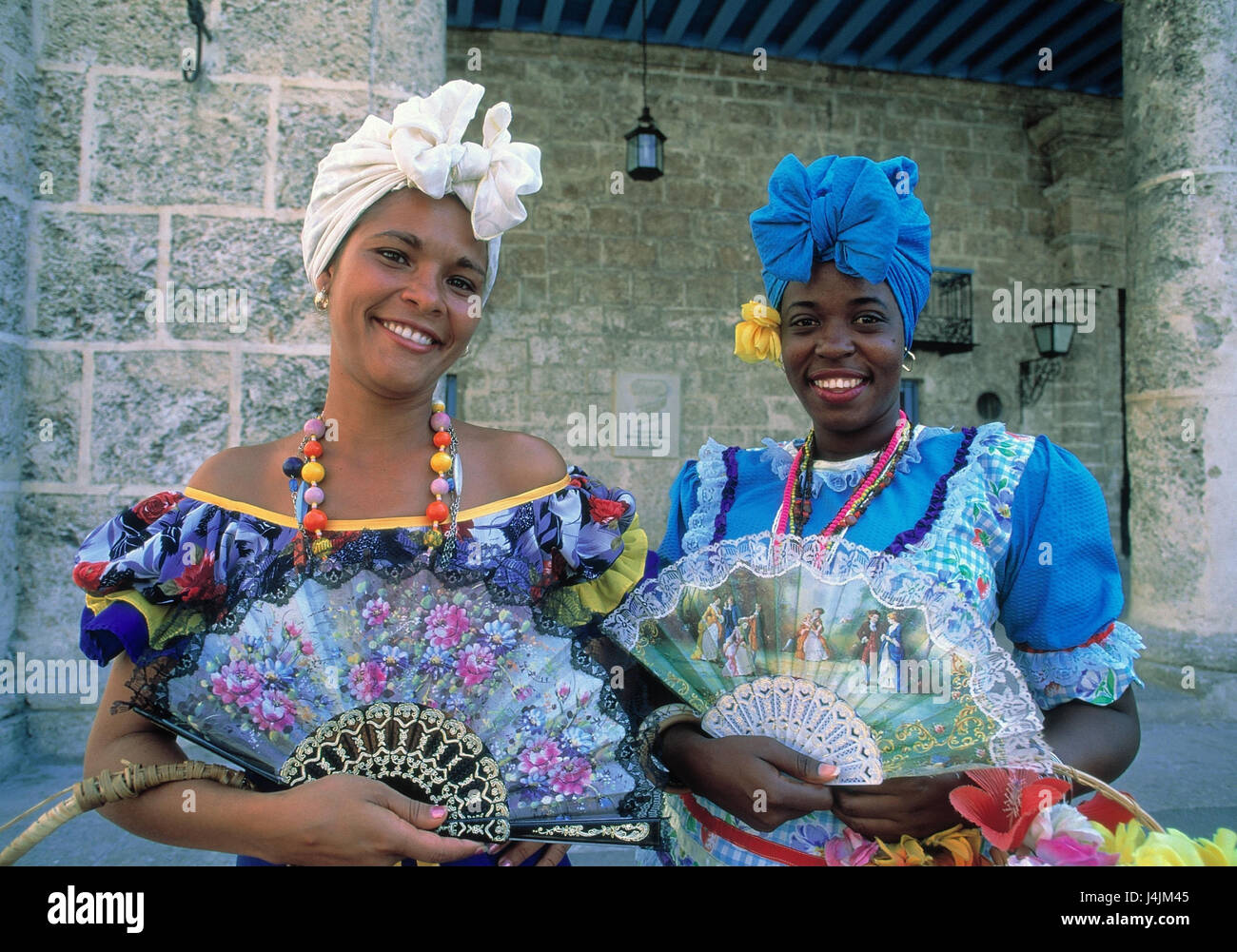 Cuba, Havana, women, two, clothes, traditionally, half portrait outside ...