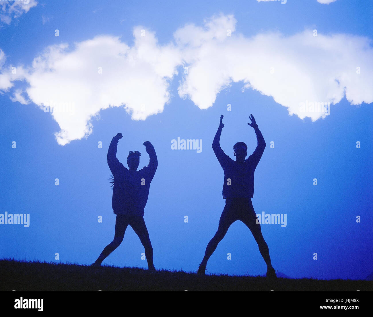 Silhouette, couple, gymnastics, stand, cloudy sky [M] man, woman ...