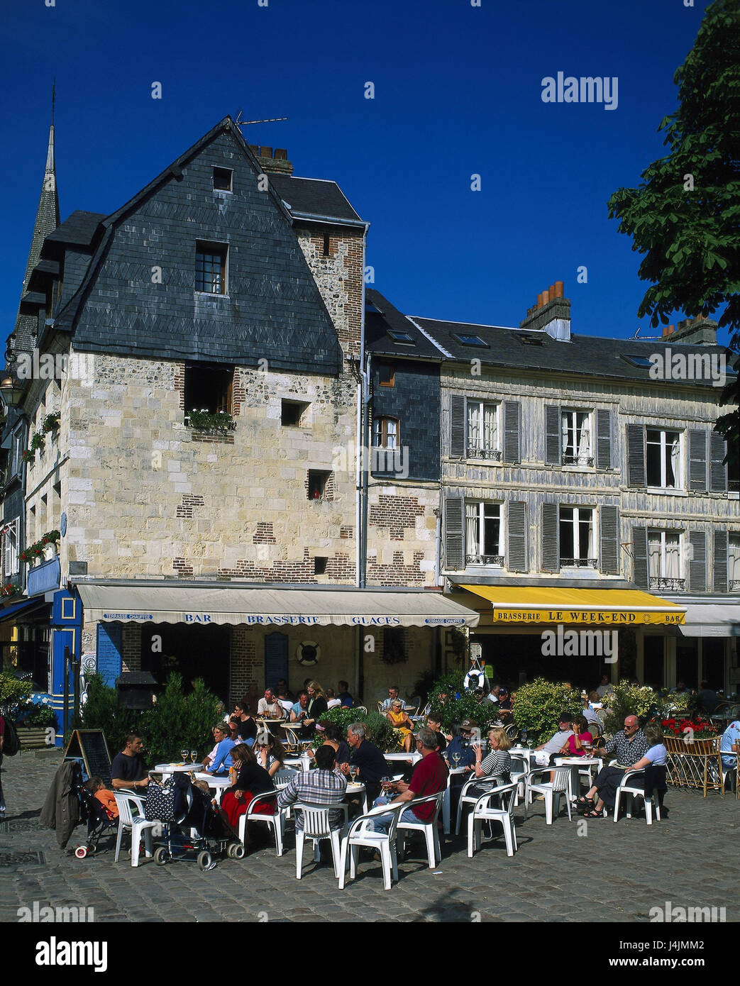 France, Normandy, Honfleur, street cafe outside, summer, town ...