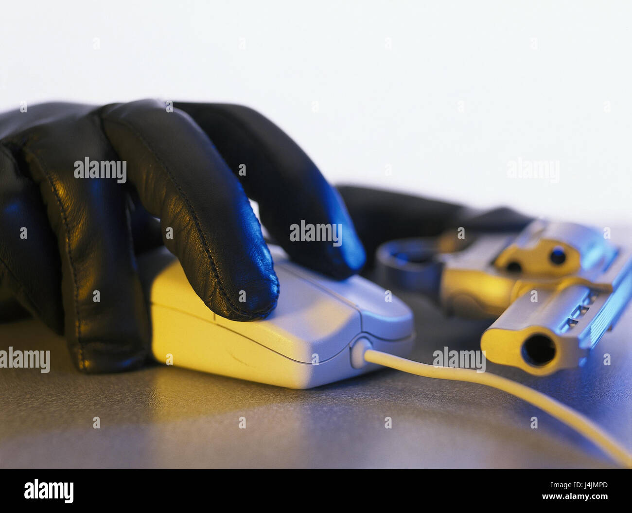 Data larceny, burglar, detail, hand, glove, revolver, Computer-Mouse ...