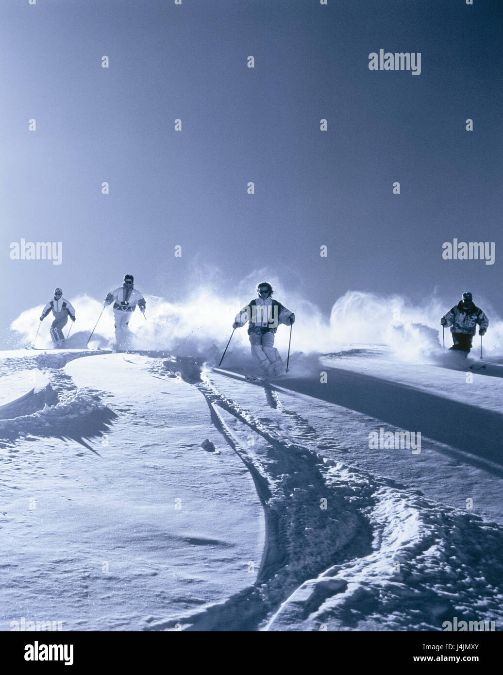 Skier, four, departure, deep snow mountainside, snow inclination, snow ...