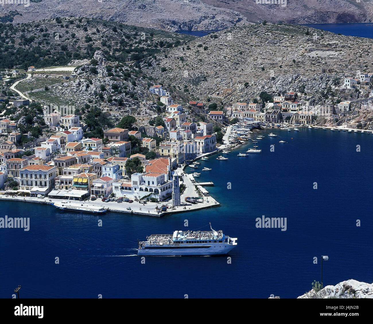 Greece, Simi, Simi town, town overview Dodekanes, island, sea, harbour ...