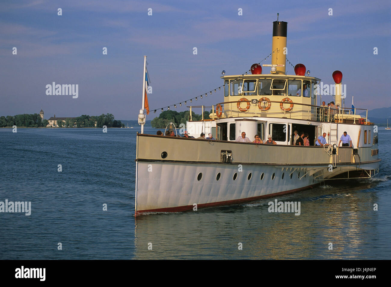 Germany, Upper Bavaria, Dießen in Ammersee, steamboat, tourists Europe ...