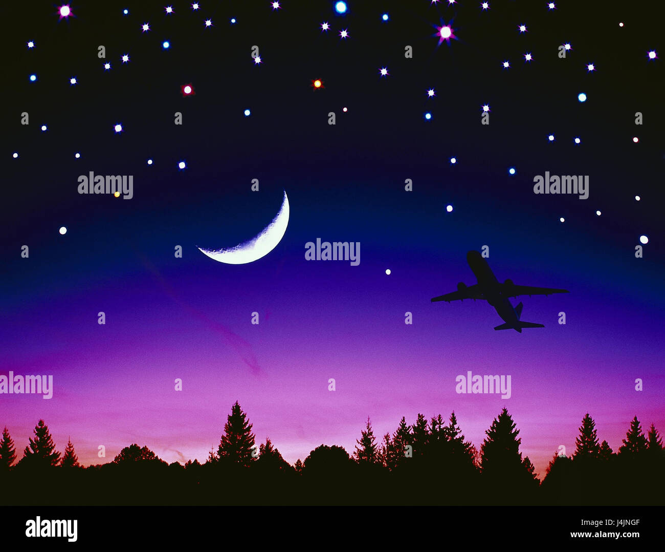 Evening heavens, stars, moon, airplane, start [M] air traffic, 'Boeing ...