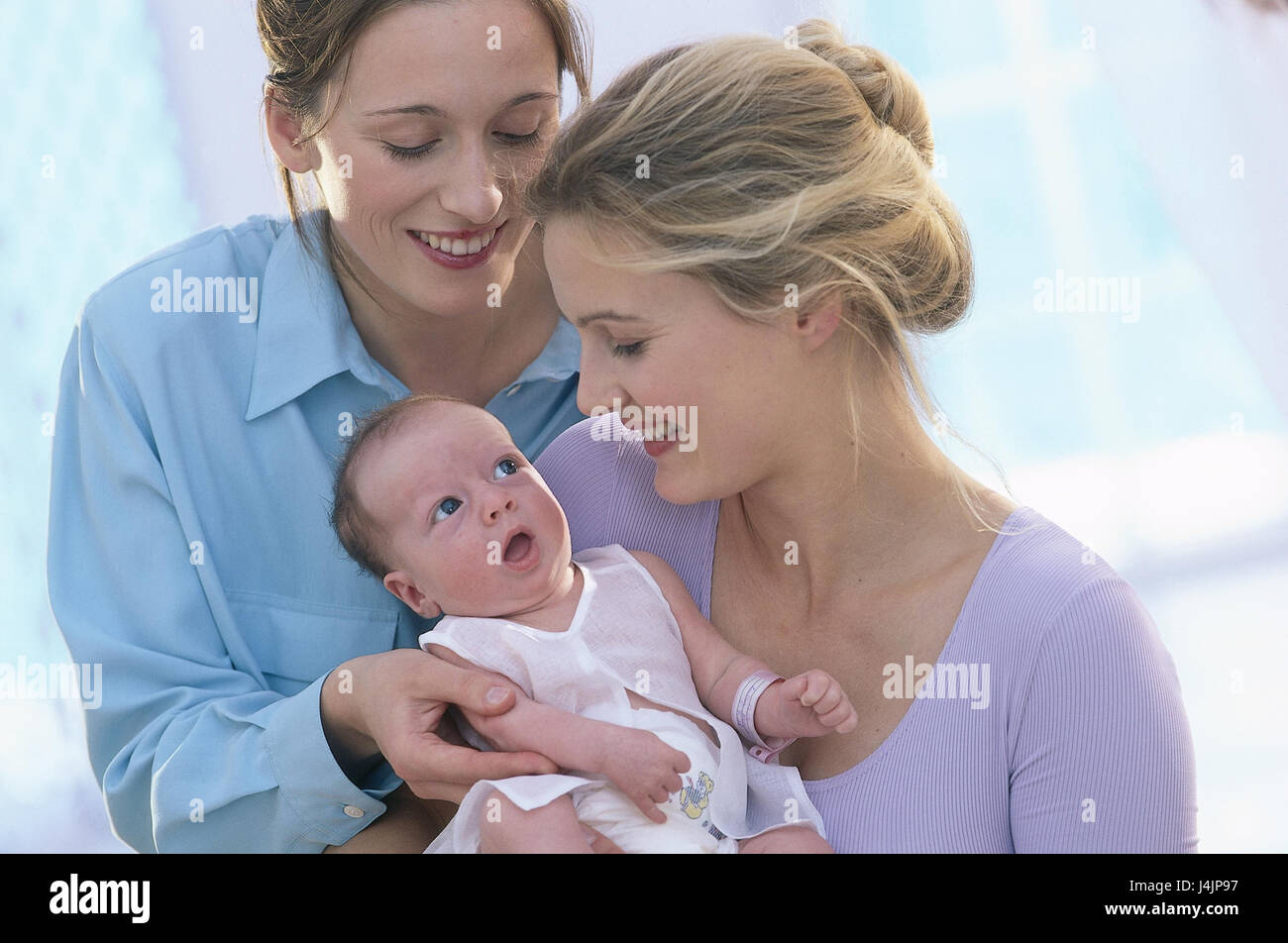 Women, happily, newborn child, portrait inside, friends, mother, child ...