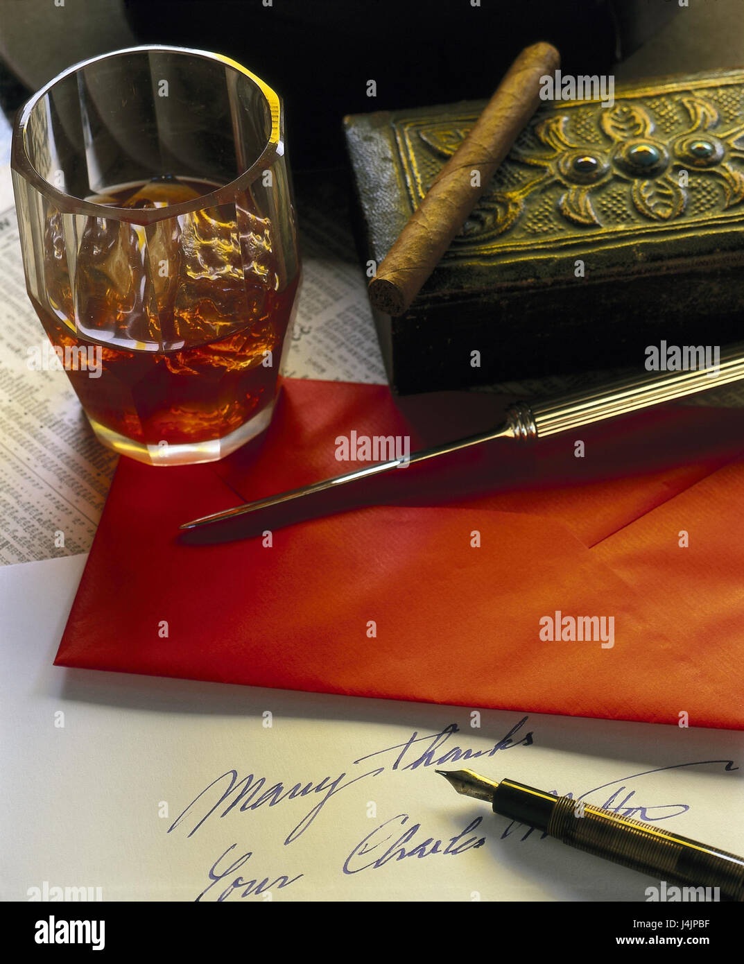 Table, cigars, glass, whisky, letter, paper knife still life, object ...
