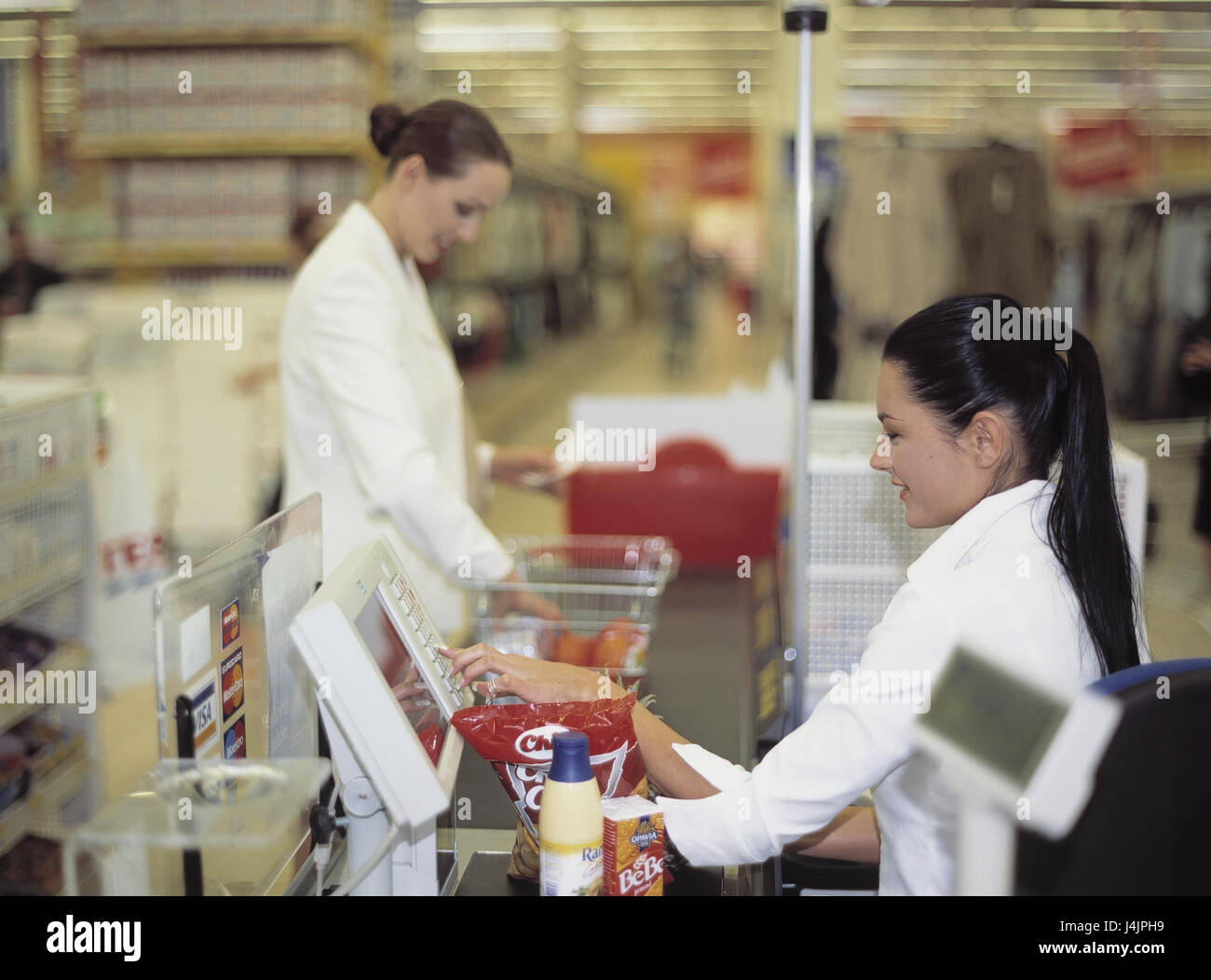 Supermarket, cashier, woman, shopping inside, retail trade, food ...