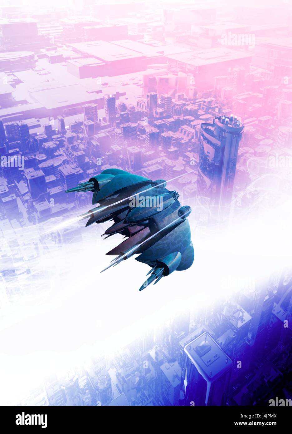 Spacecraft flying over city in space, illustration Stock Photo - Alamy