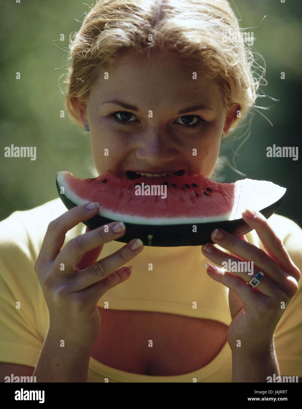 Woman, gesture, watermelon, eat, portrait outside, summer, young ...