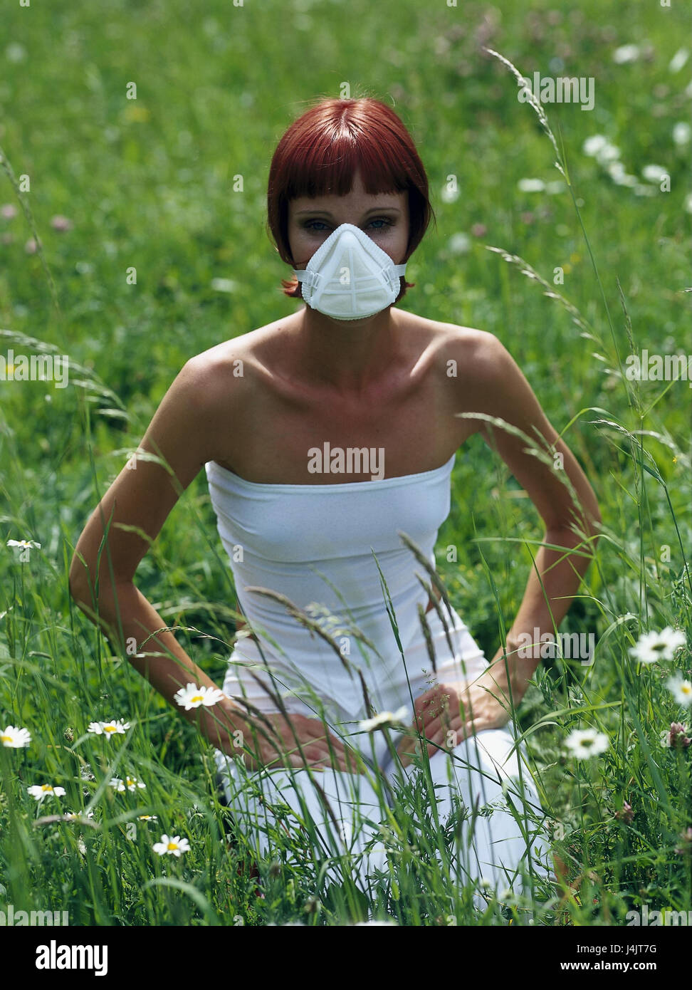 Meadow, woman, young, mask, allergy, hay fever flower meadow, polling ...