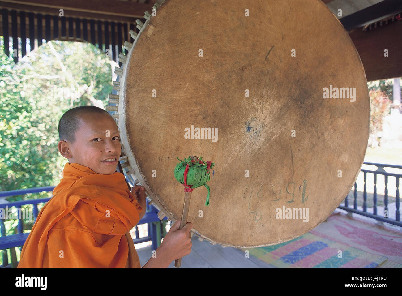 Laos, Pakbeng, monk, gong, portrait Asia, According to Asia, South-East ...