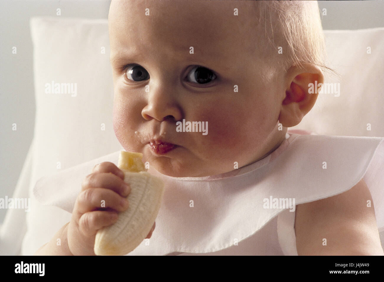 Baby, sit, banana, eat, portrait inside, at home, child, infant ...