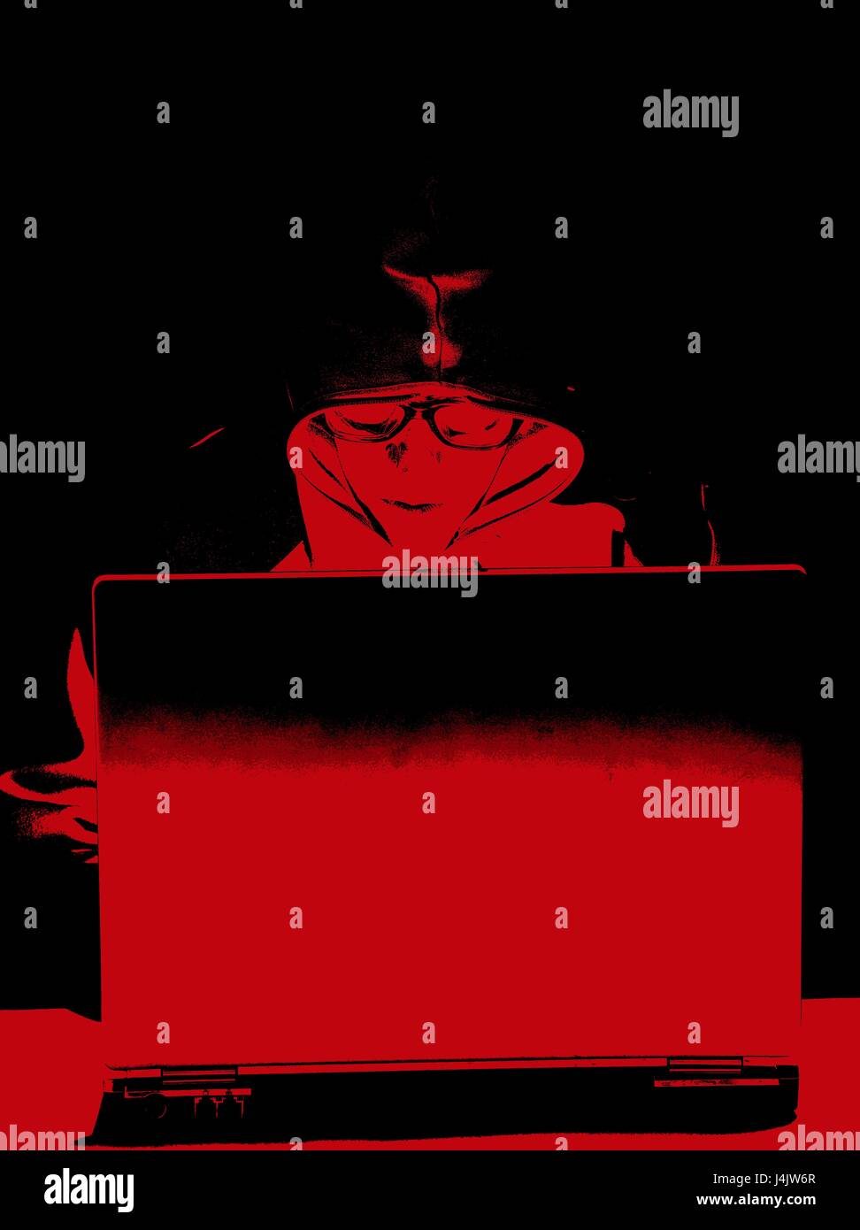 Hooded figure hacking laptop computer, illustration Stock Photo - Alamy