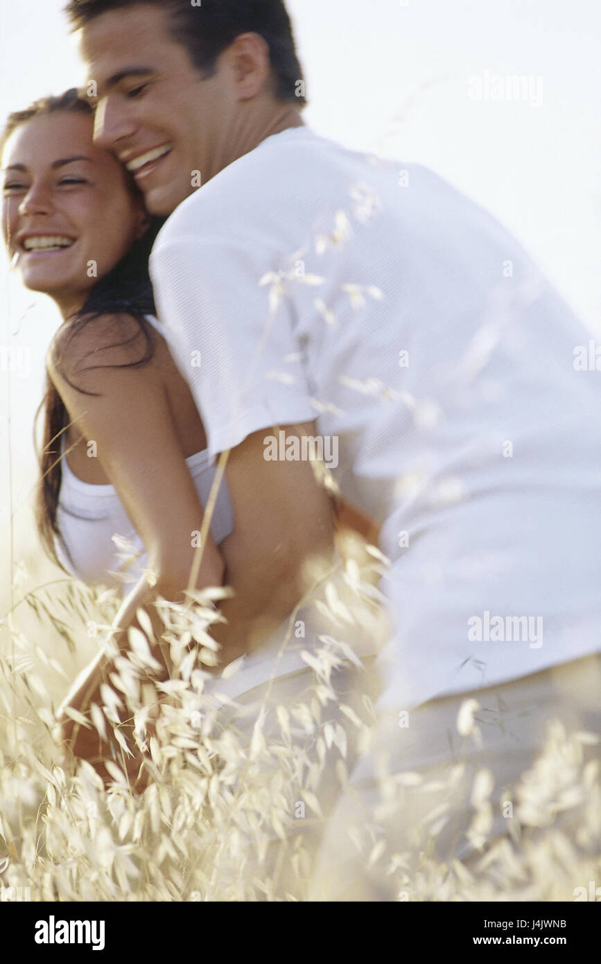 Meadow, grass, couple, touch, stick, back view, blur very closely ...