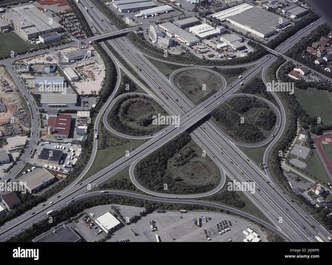 Industrial zone, interchange, aerial shots highway, traffic, traffic ...