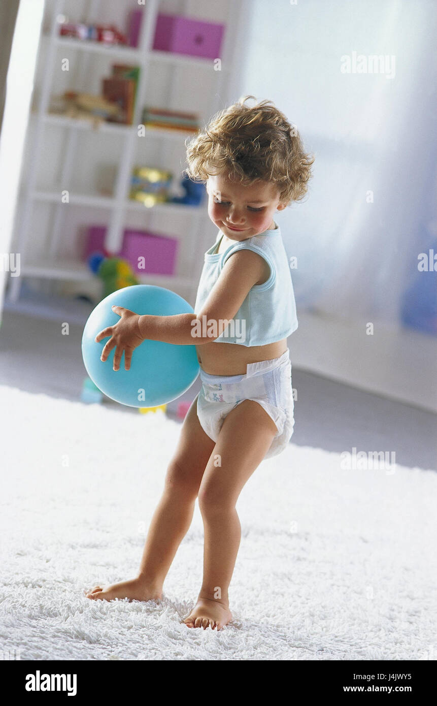 Infant, nappy, ball, play inside, children's room, child, happily smile ...