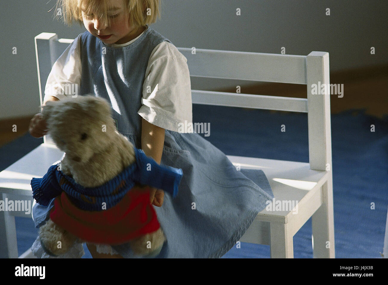 Bank, girl, Teddy, sit, play sadly inside, child, childhood, teddy bear ...