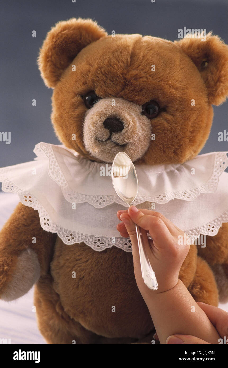 Child, detail, hand, spoon, teddy bear, feed toys, toys, soft toy, soft ...