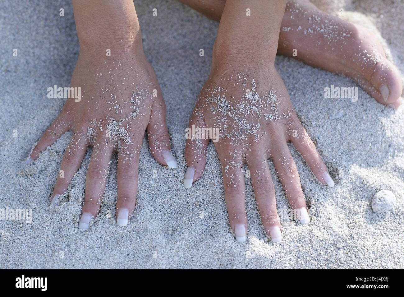 Beach, woman, detail, foot, hands, Sand, feel very closely, outside ...