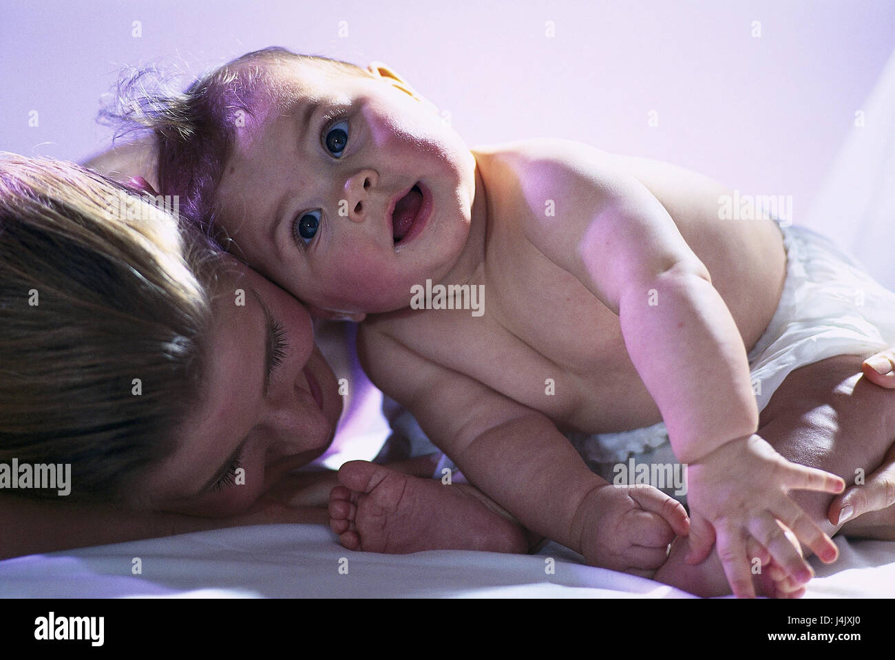 Mother, baby, nappy trousers, happily inside, at home, woman, young ...