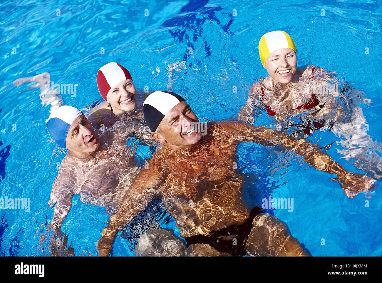 Pool, couples, middle old person, swim, from above outside, summer ...