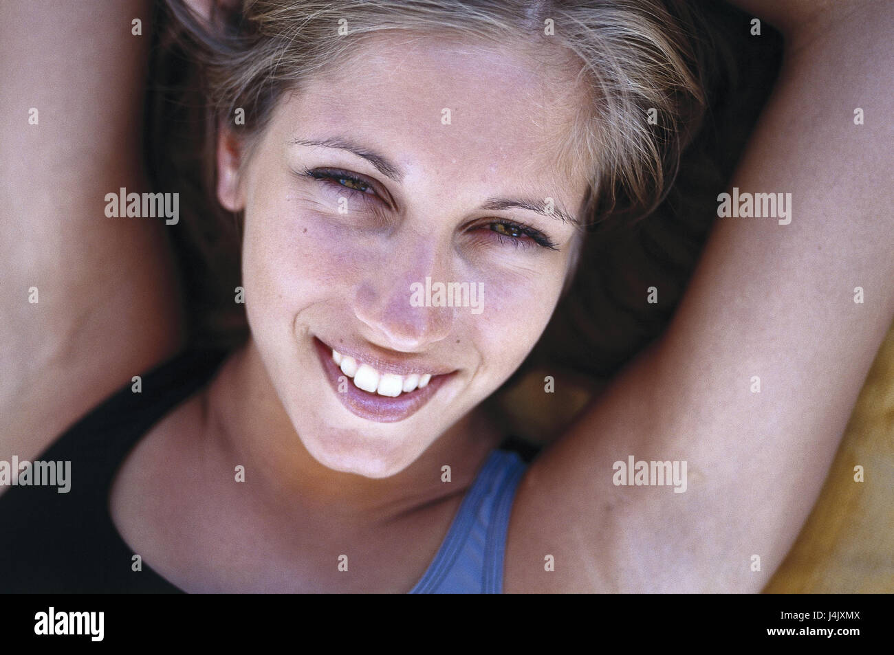 Woman, lie, smile, portrait very closely, outside, summer, leisure time ...