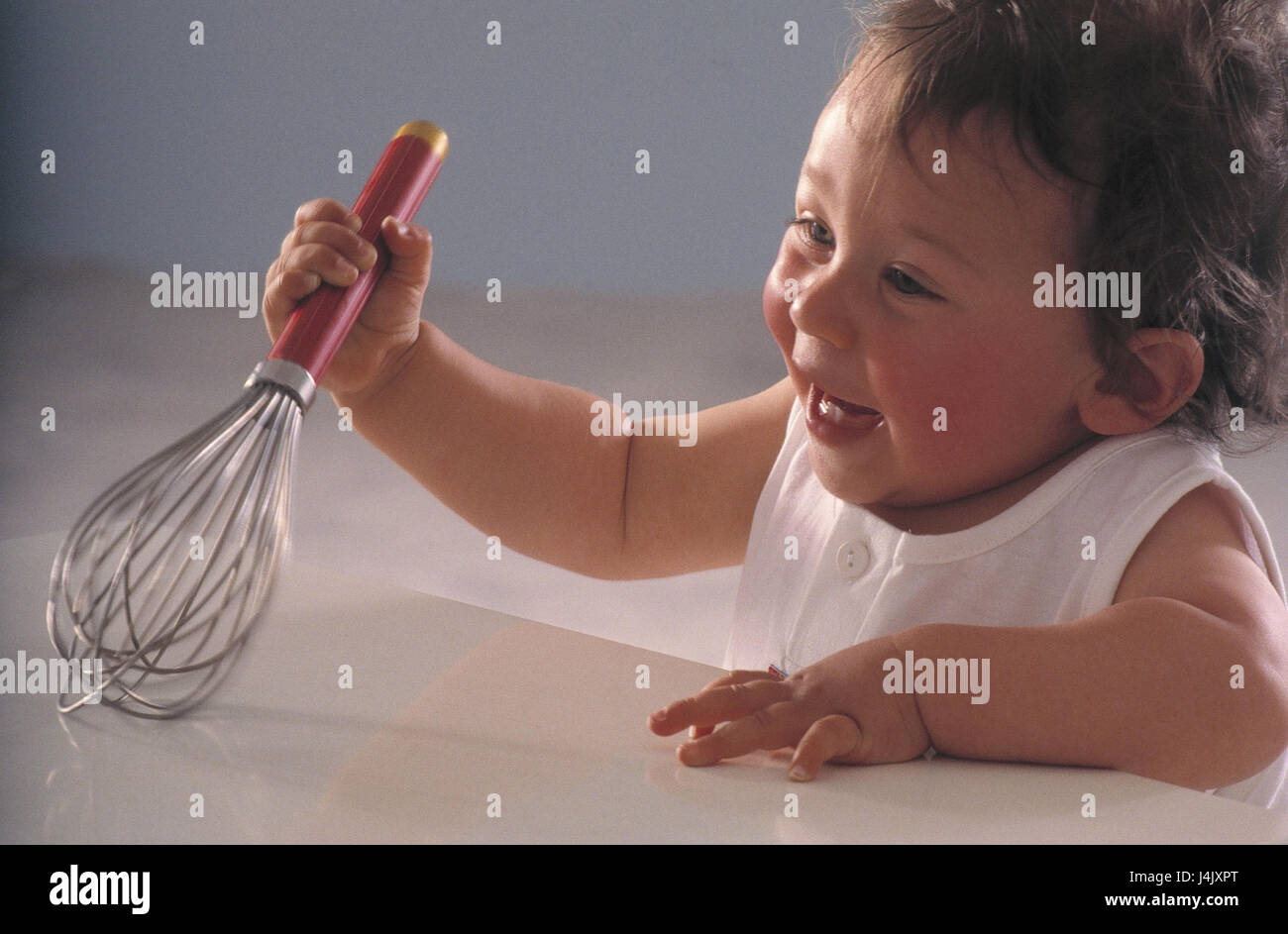 Baby, happily, whisks, portrait inside, at home, child, infant, girl ...