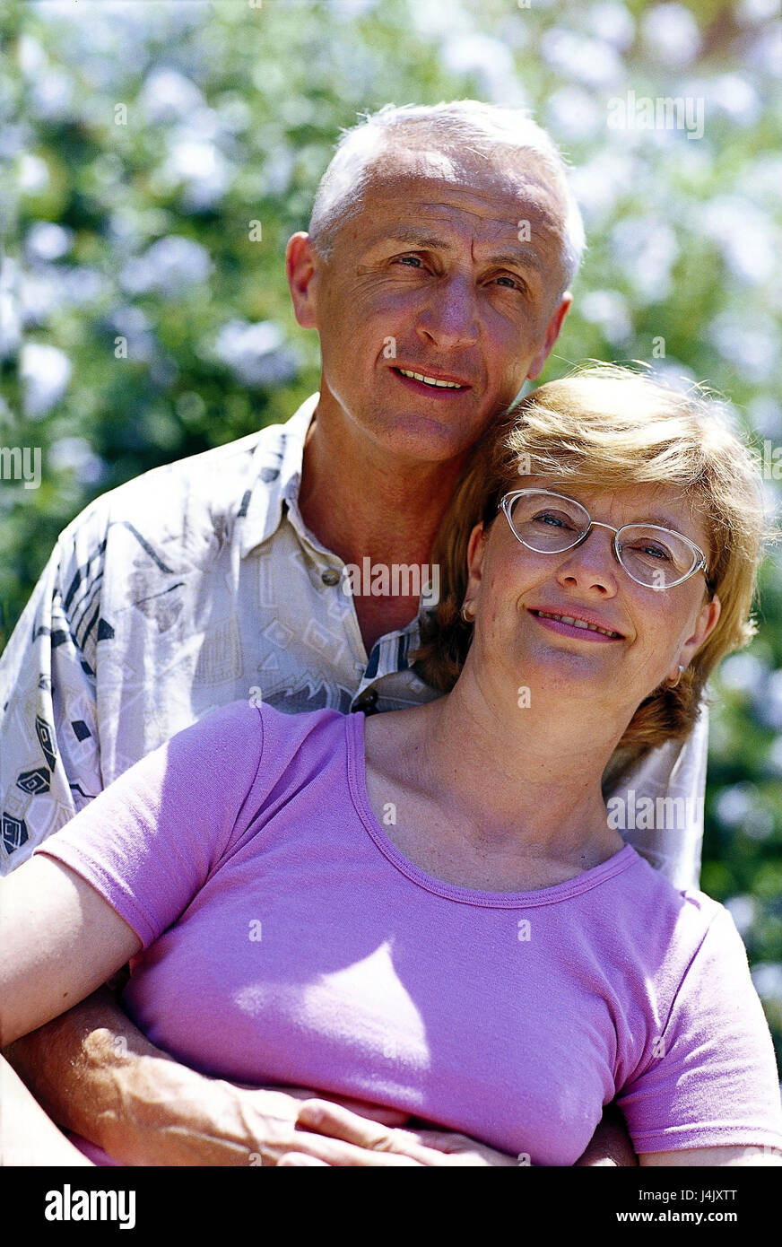 Couple, middle old person, happily, embrace, portrait outside ...