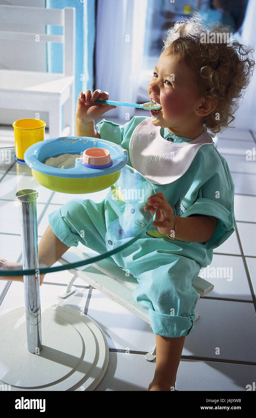 Glass table, child plate, infant, happily, eat inside, at home, child ...