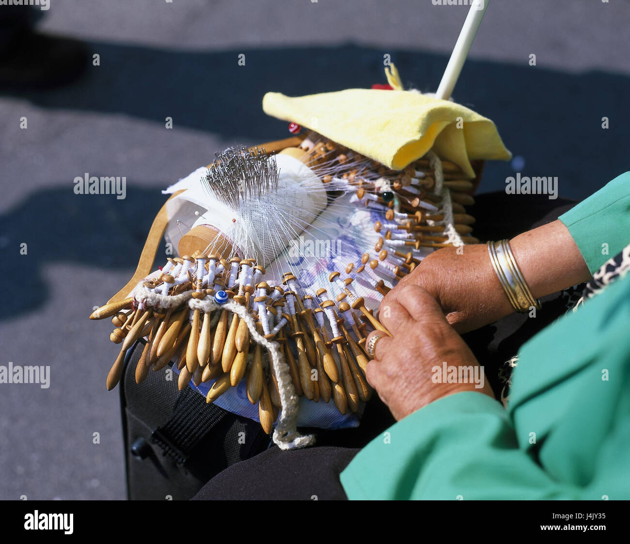 Denmark, Copenhagen, woman, detail, make lace outside, Scandinavia ...