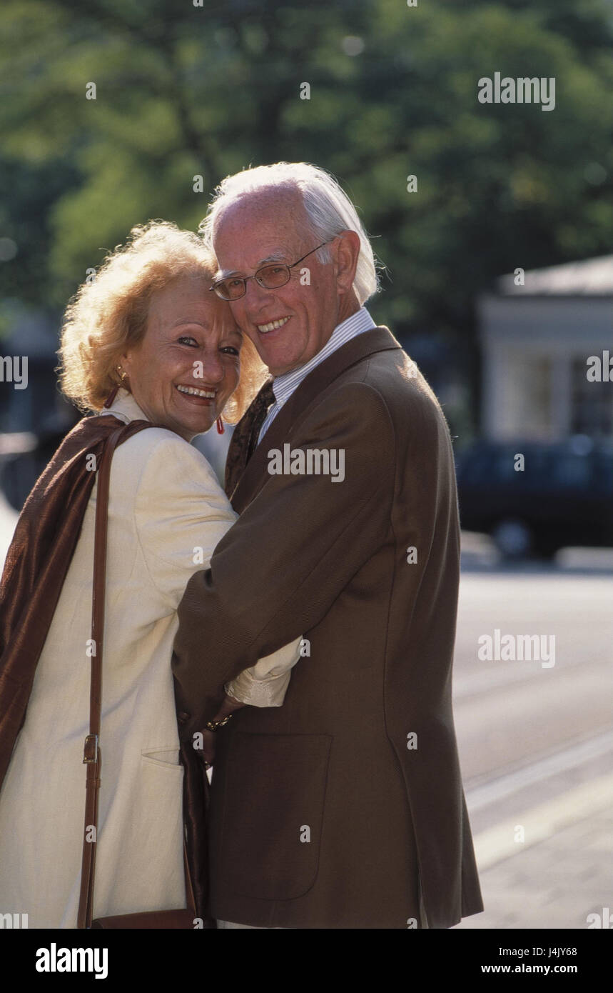 Town, senior citizen's couple, smile, town stroll, view back outside ...