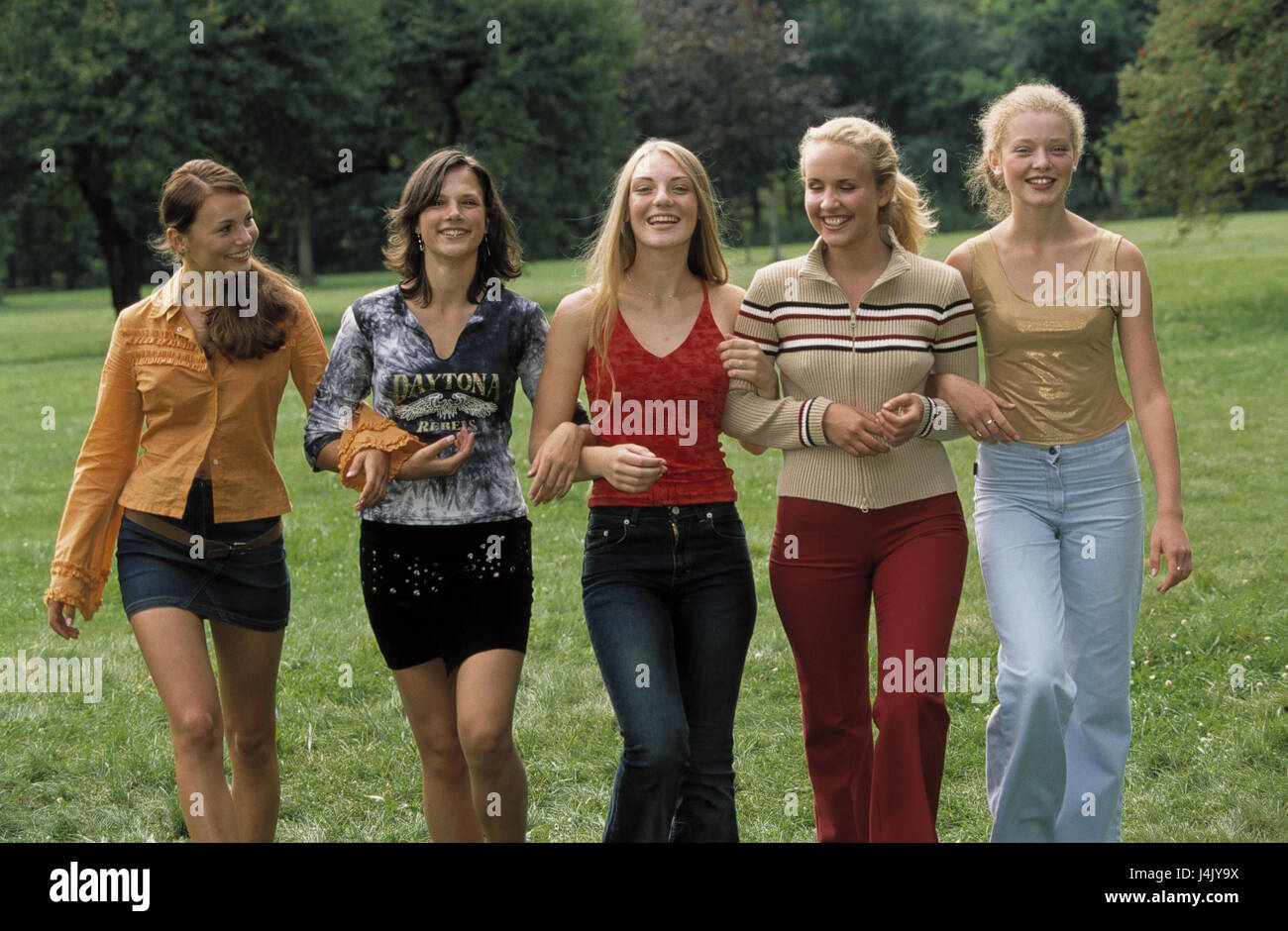 Meadow, young persons, friends, arm to arm, go, group picture outside ...