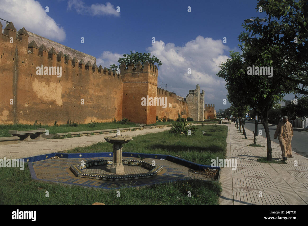 Morocco, Sale, city wall, fountain, footpath, passer-by no model ...