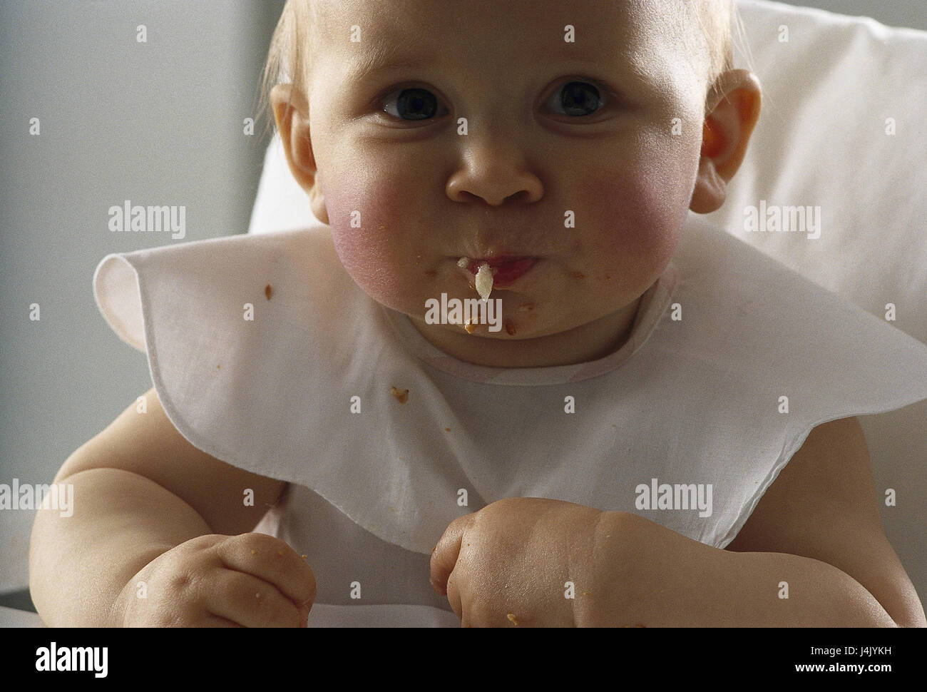 Baby, eat, look, dirtily, portrait inside, at home, childhood, infant ...