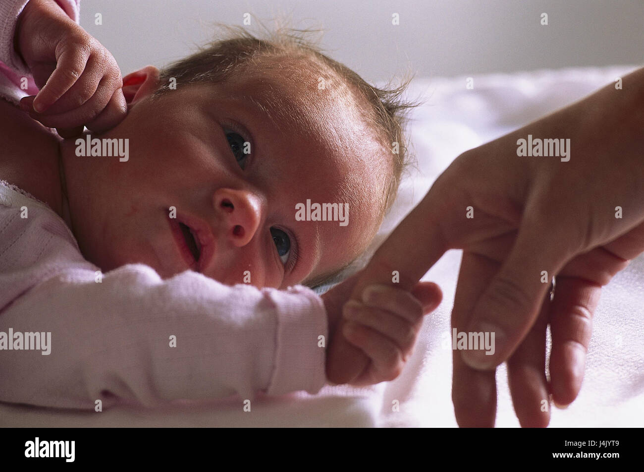 Baby, lie, hand, mother, reach, portrait at home, child, infant, infant ...