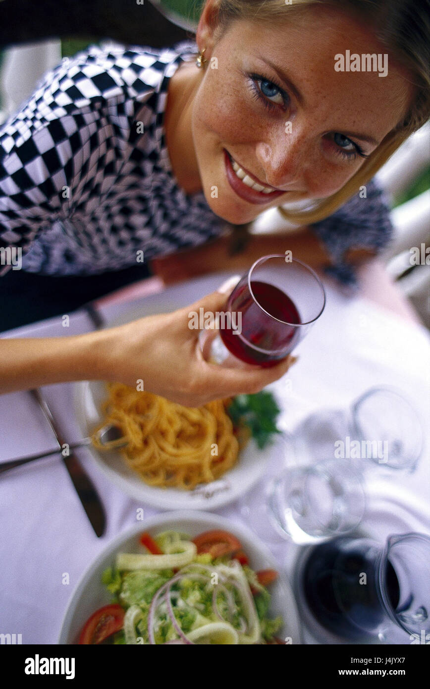 Restaurant, woman, red wine, drink, spaghetti, salad, from above bar ...