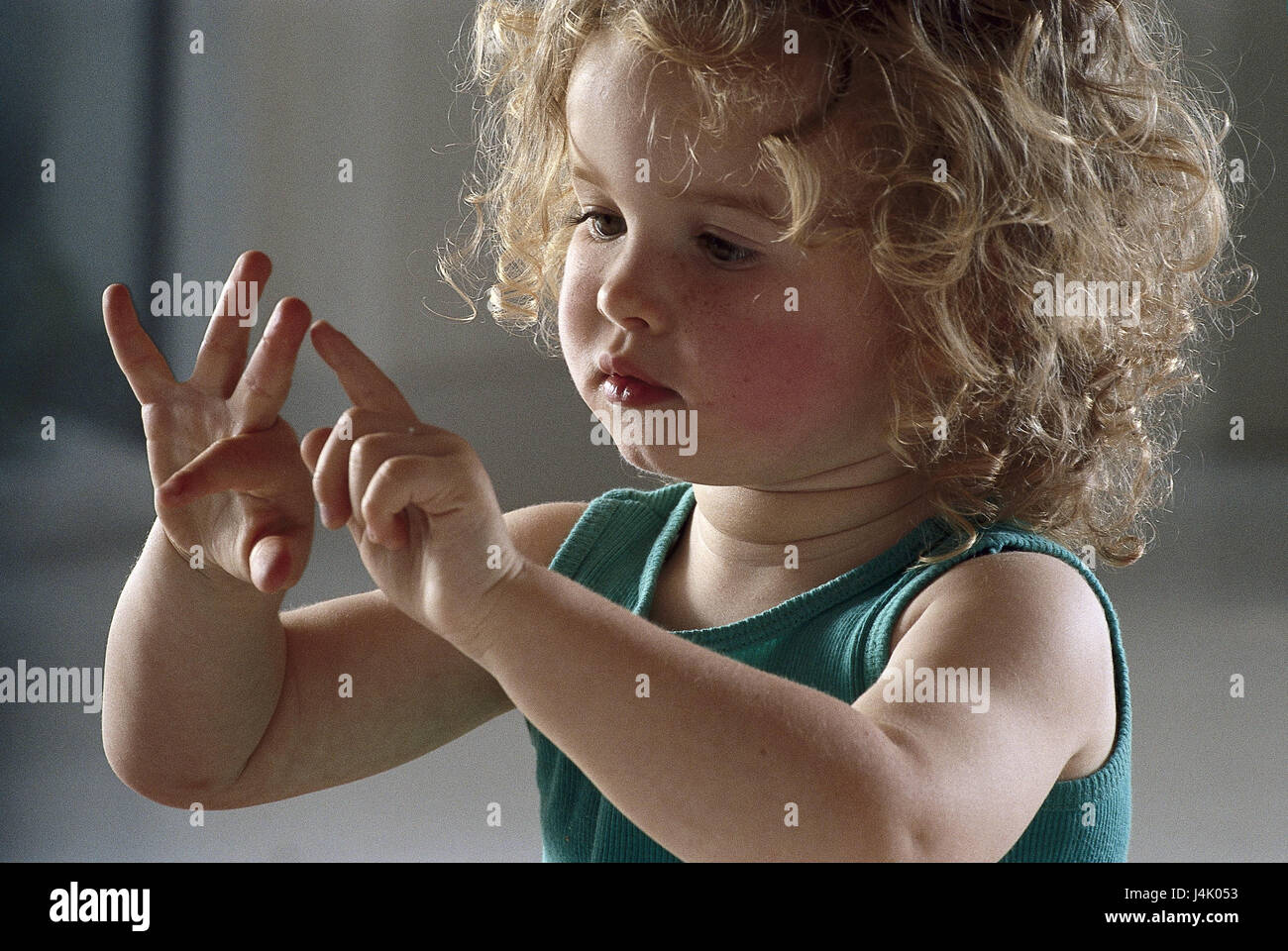 Child, girl, finger, count, portrait inside, at home, infant, blond ...