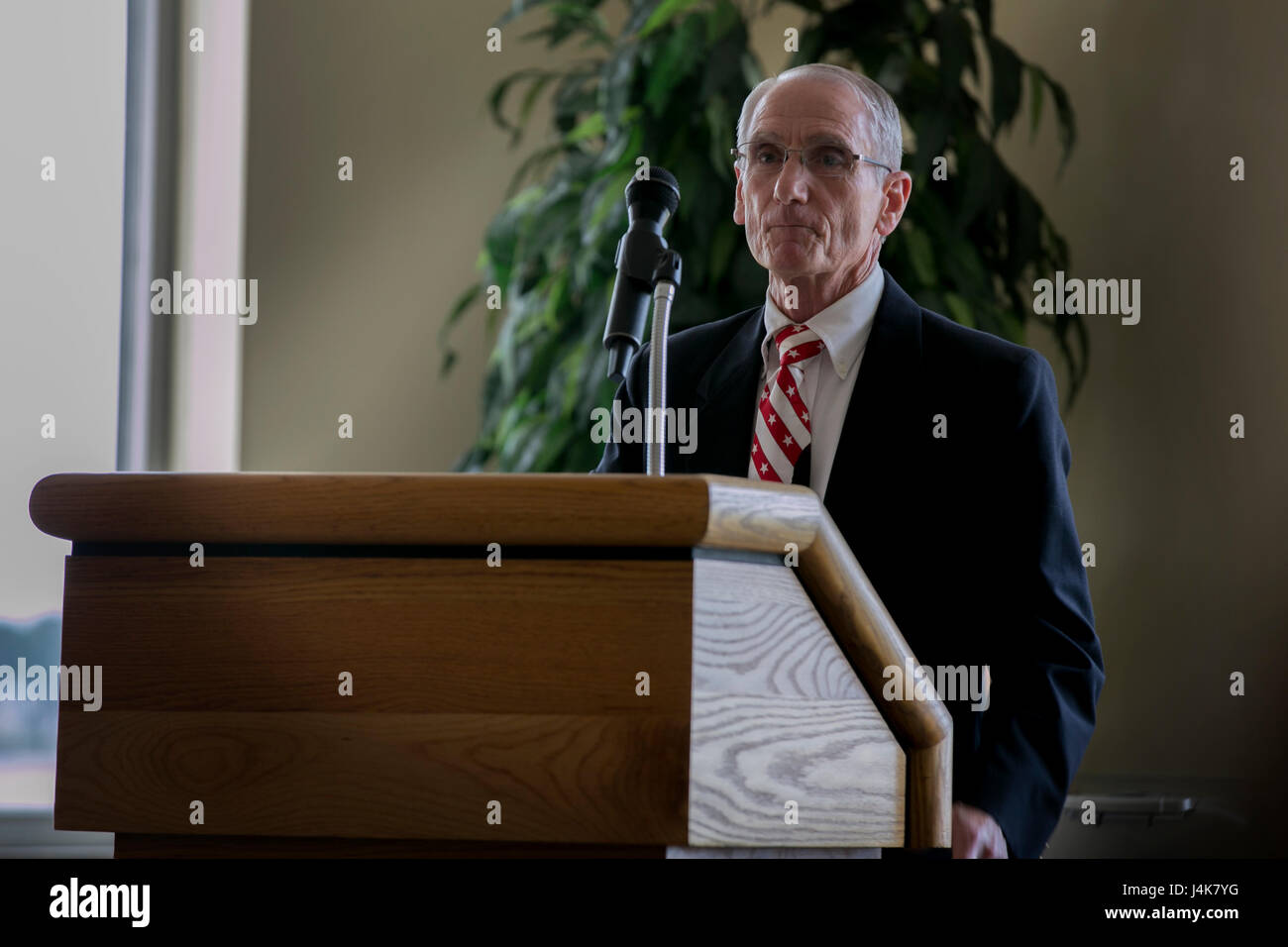 Retired Navy Capt. Joe Cappar gives a speech as the guest of honor ...