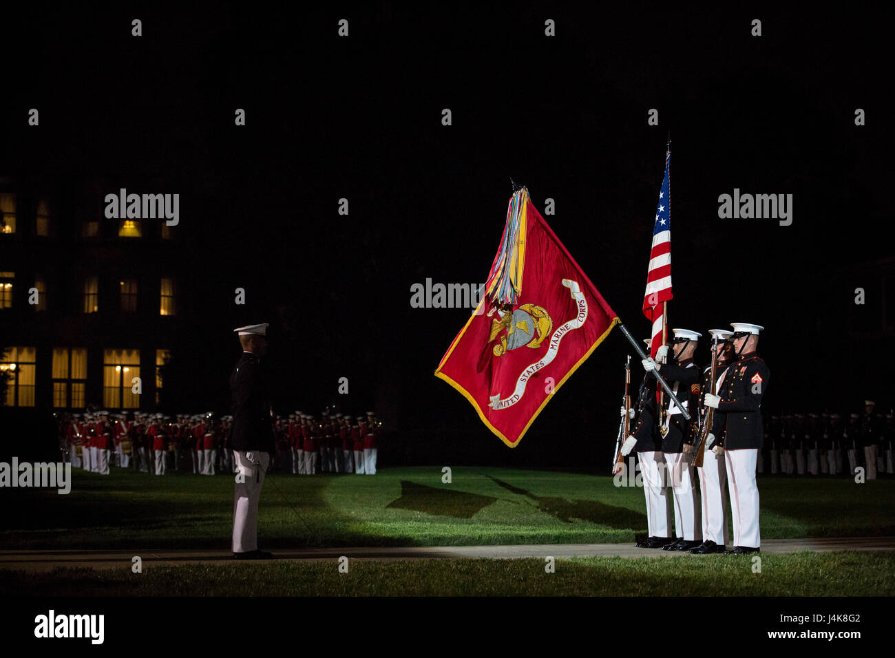 U.S. Marines with the official Marine Corps Color Guard present colors ...