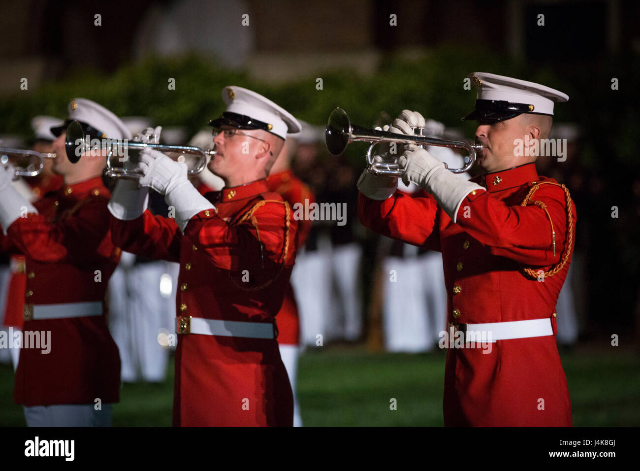 U.S. Marines with the Marine Drum and Bugle Corps perform during an ...