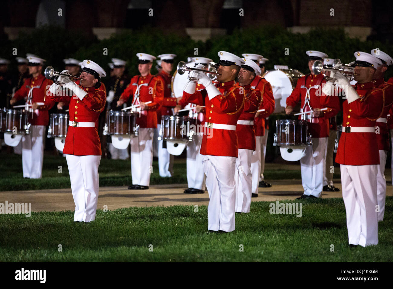 U.S. Marines with the Marine Drum and Bugle Corps perform during an ...