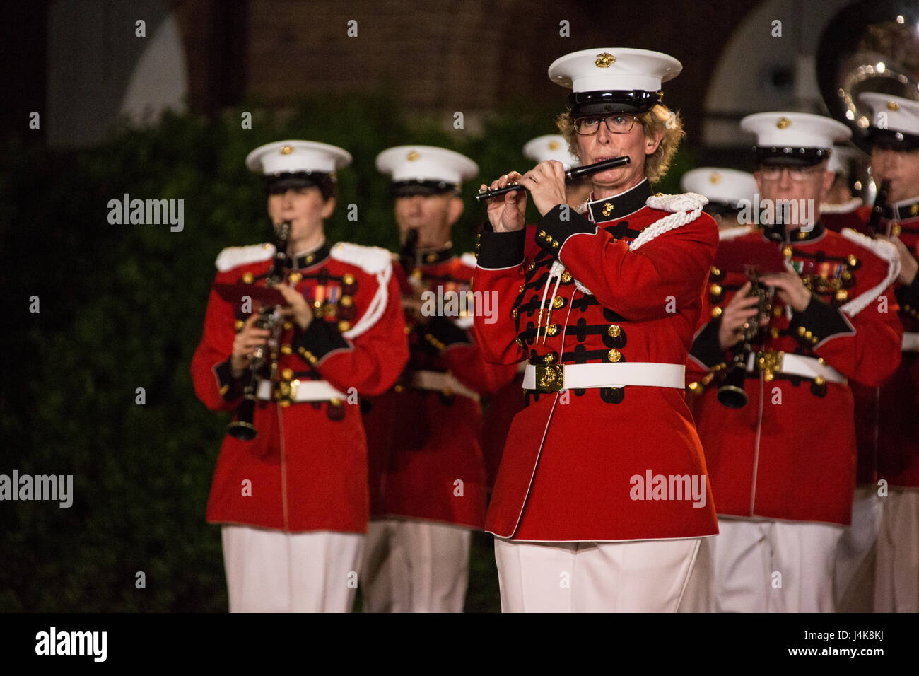 U.S. Marines with the Marine Band perform during an evening parade at ...