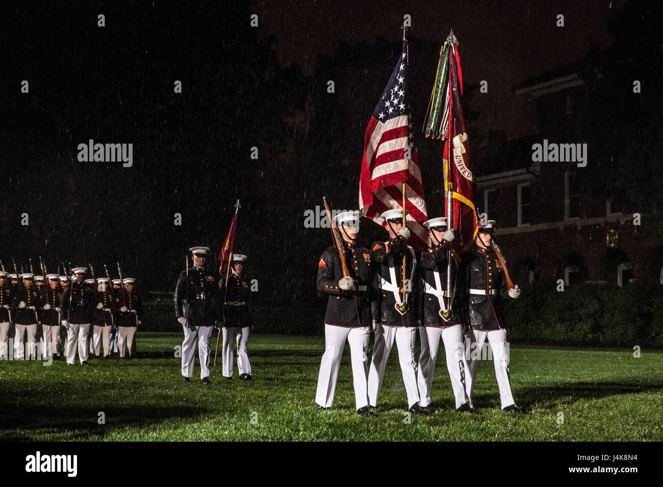 U.S. Marines with the official Marine Corps Color Guard conduct Pass ...
