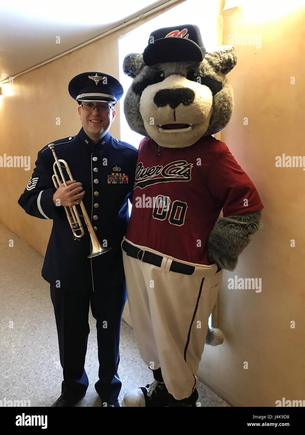 Tech. Sgt. Tom Salyers behind the scenes at Raley Field with Dinger ...