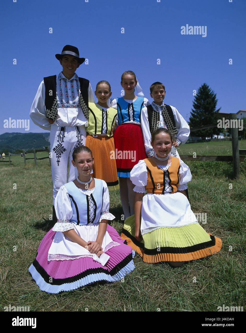 Bulgaria, meadow, boy, girl, national national costume, group picture ...