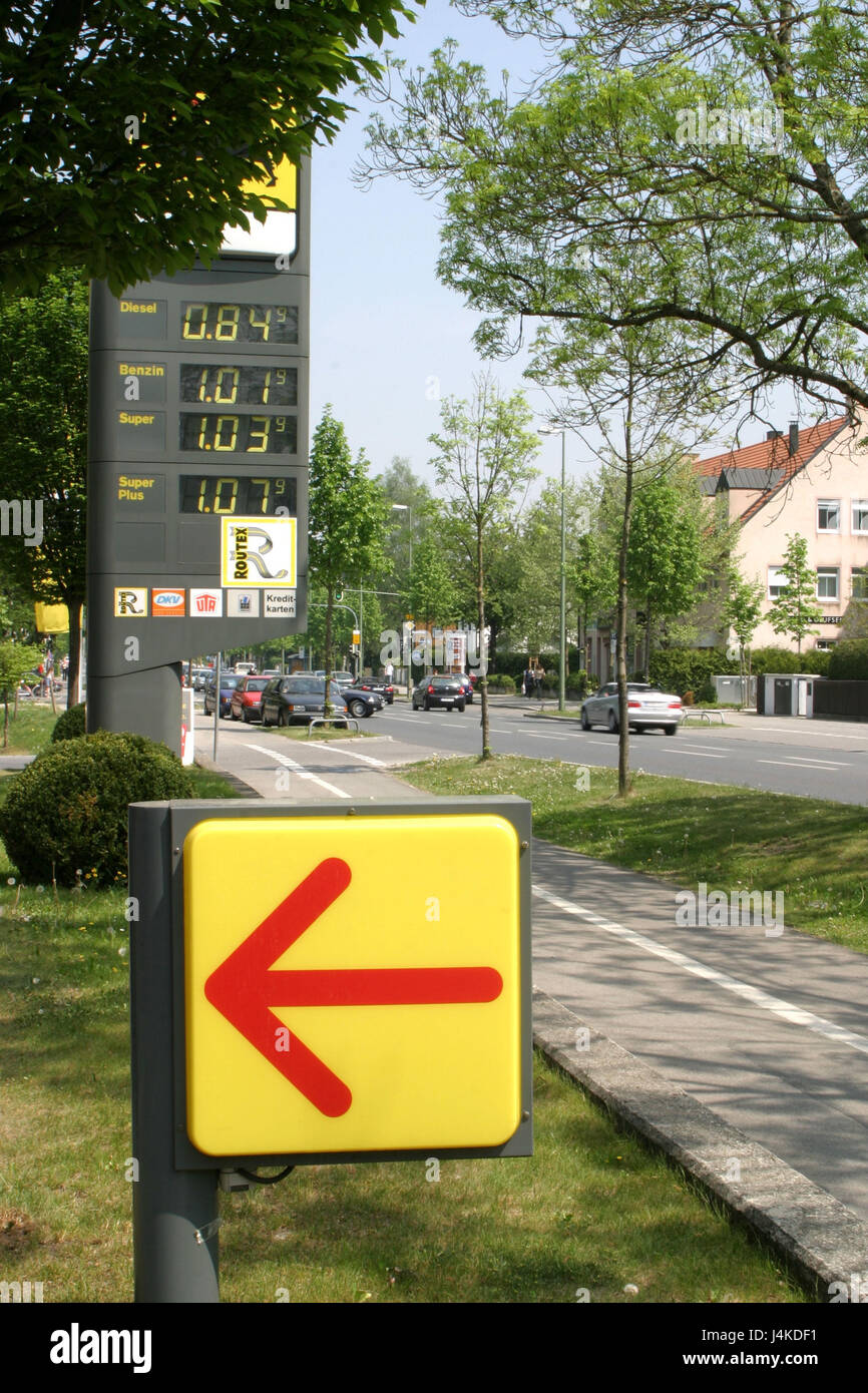 Filling station, sign, arrow, driveway Germany, Bavaria, Munich, cycle ...