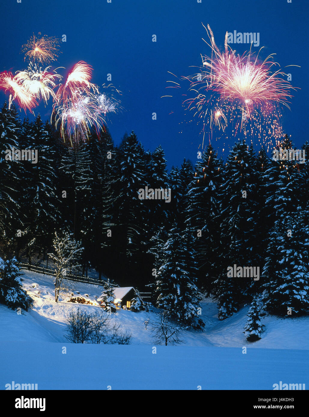 Wood, steelworks, window, illuminateds, winter, fireworks, night [M ...