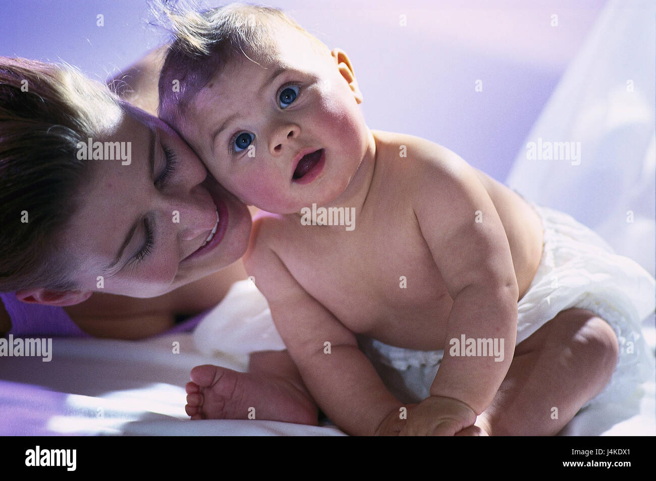 Mother, baby, nappy trousers, happily inside, at home, woman, young ...